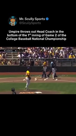 203 reactions · 173 comments | Is this the softest move ever by an Umpire? Coastal Carolina’s Head Coach Kevin Schnall was thrown out of the bottom of the 1st inning of Game 2 of the College Baseball National Championship for arguing balls and strikes. #mlb #mlbnews #collegebaseball #cws | Scullysportsmedia | Facebook