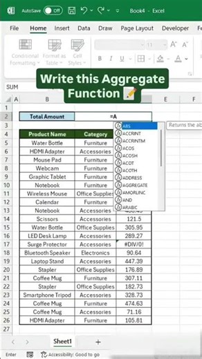 Aggregate Sum Function in Excel