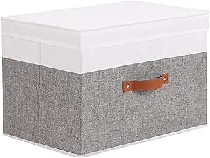 Fabric Storage Bin, Storage Basket with Lids, Closet Organizer Box with Handles for Shoes Books Towels, White and Grey, 1 Pack, 13 x 9.1 x 7.9 Inch