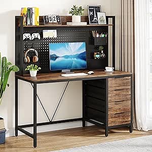 Tribesigns Computer Desk with 4 Drawers, 47 Inches Home Office Desk with Hutch and Storage, Industrial Gaming Desk PC Desk with Pegboard Study Writing Table Workstation for Home Office, Brown & Black