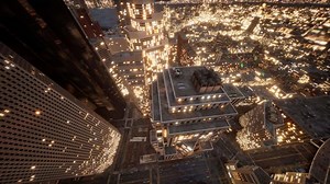 Aerial view of glowing high rise buildings