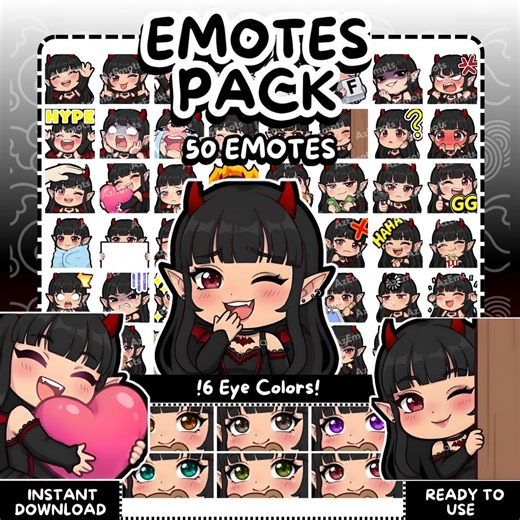 Twitch Emotes | 50 Demon Girl Emotes | Vampire Girl Emotes | Black Hair Girl | Discord & Kick | Chibi Emote | Devil Succubus Emote - Etsy