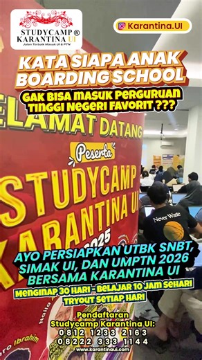 🤩PAKET BELAJAR SNBT, TKA, DAN UMPTN 2025/2026 BUAT KAMU KAMU SISWA GAP YEAR DAN SISWA KELAS 12 SMA/ SMK🤩 ADA DISKON BESAR UTK PEMBAYARAN LUNAS *BIAYA BISA DI CICIL🔥 KARANTINA UI ADALAH STUDY CAMP PROGRAM JAMINAN MASUK UI DAN PERGURUAN TINGGI NEGERI UNGGULAN, MELALUI JALUR TKA, SNBT, SIMAK UI DAN UJIAN MANDIRI TAHUN 2025/2026 Untuk kamu-kamu yang sekarang kelas 3 SMA. YUK Ikut Karantina UI, program jaminan dan garansi diterima di perguruan tinggi di jurusan yang diinginkan. Di sini kamu akan d