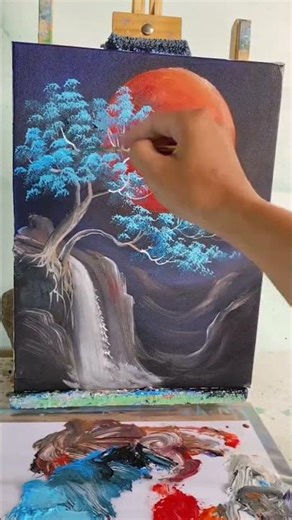 Beautiful Tree Painting on a Waterfall Under the Red Moon | Easy Artwork