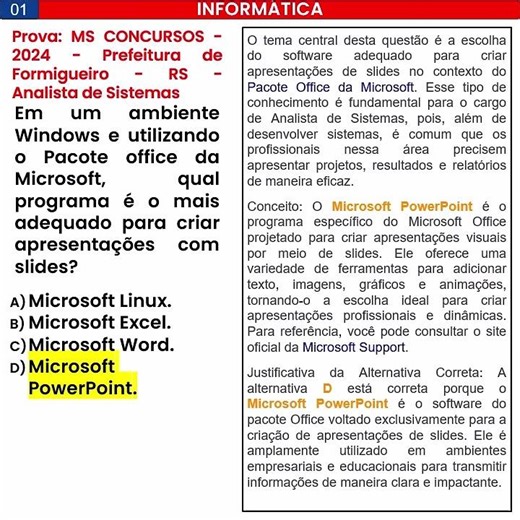 01- COMPUTER SCIENCE: Test: MS CONCURSOS - 2024 - City Hall of Formigueiro - RS - Systems Analyst