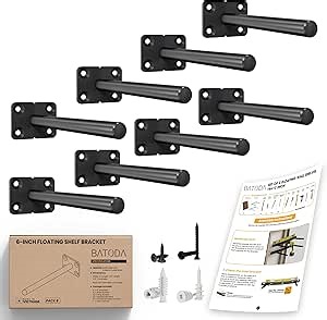BATODA - 6" Floating Shelf Bracket (8 pcs) - Solid Steel Blind Shelf Supports - Hidden Brackets for Floating Wood Shelves - Blind Shelf Support – Shelving Mounting Hardware Included (Pack 8)