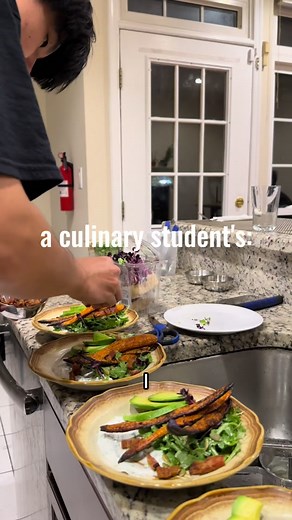 my first dinner party since starting culinary school!!! it has been so long since i have done one of these and after learning so much in culinary school i wanted to try making a three course meal all by myself. the dishes are a roast carrot salad with baby arugula and mustard greens tossed in a lemon vinaigrette, a herb yogurt sauce, garnished with crispy bacon and toasted pumpkin seeds. the second course is a shrimp risotto made with chicken and shrimp stock shrimp meat, crispy oyster mushrooms