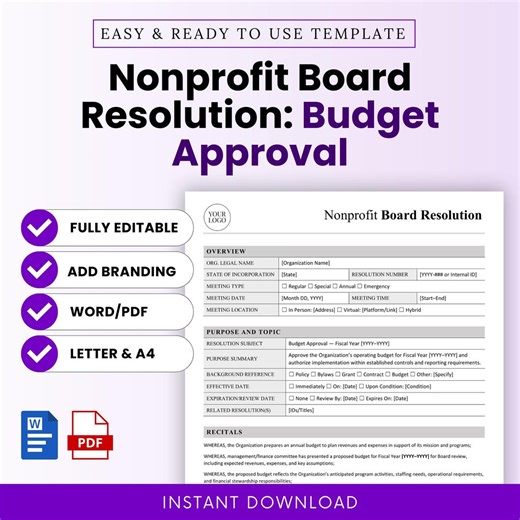 Nonprofit Board Resolution Template: Budget Approval – Word & PDF, A4   US Letter - Etsy Australia