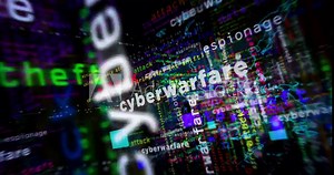 Cyberwarfare media and abstract screen 3d seamless looped. Fly between glitch and noise text concept of cyber attack, war, digital battlefield, espionage and data theft.