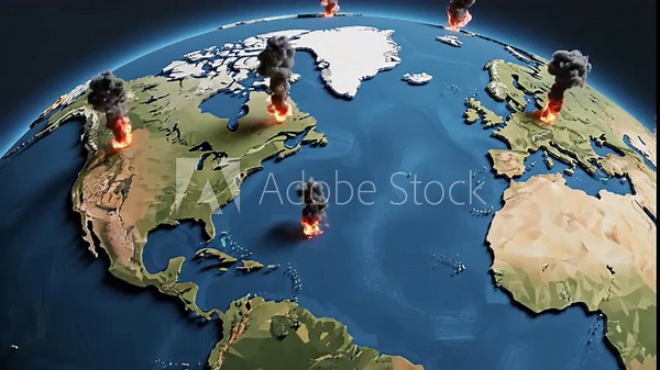 Global warming impact with smoke and fire on Earth causing environmental disaster and pollution, dramatic climate change effects with volcanic eruptions and intense burning over continents and oceans