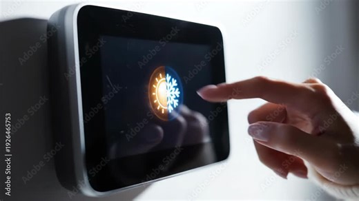 Woman adjusting a smart home thermostat on the wall. Finger touching the screen to control heating and cooling temperature. Home automation and climate control technology