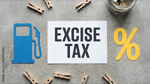 Excise tax concept card with fuel pump icon and percentage symbol concrete background minimal finance composition conveying taxation cost impact and financial burden and cost increase excise tax sign