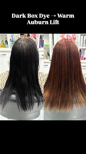 Dark Box Dye ➝ Warm Auburn Lift (First Session Result) Heavy box black color buildup ➝ professionally lifted to a warm auburn tone — first session color correction result ✨ When black or very dark box dye is applied repeatedly, pigment deposits become extremely strong and cannot be safely lifted to blonde in one sitting. Professional color correction is a step-by-step process. Our goal was maximum safe lift while protecting hair integrity, and then refining the tone into a rich, dimensional warm