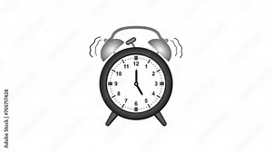 animated alarm clock ringing at 5 o'clock. animated analog clock alarm timer set to five o'clock. on alpha channel background.