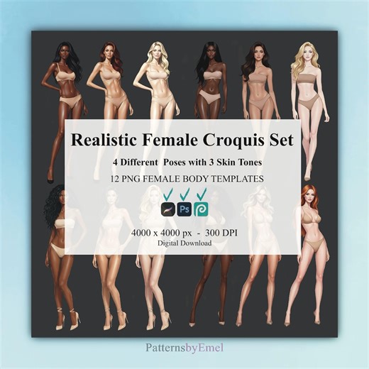 Realistic Female Croquis Set | 4 PNG Fashion Figure Poses | Body Templates for Designers | Digital Drawing Base PNG - Etsy
