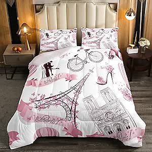 Paris Bedroom Comforter Set Twin France Eiffel Tower Bedding Set for Kids Girls Women Bedroom Decor Pink Butterfly Tower Down Comforter Romance Couple Travel Quilt Duvet Sets with 1 Pillow Case White