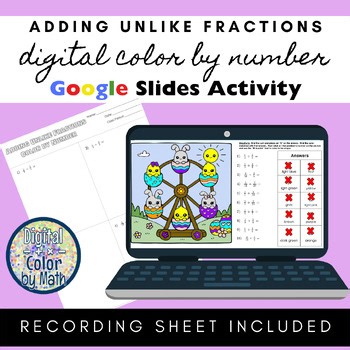 Digital Color by Number: Adding Unlike Fractions - Spring - Easter