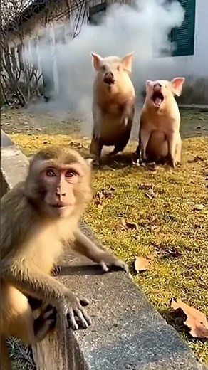 Hilarious! Monkey Pranks Sleeping Pigs With A Firecracker