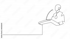 Self drawing animation single one line drawing robotic artificial intelligence speaking at podium. Announced greatly improved business balance sheet. A fun speech for all parties. Full length animated