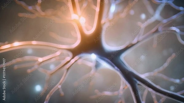 A detailed animation zooming in on a neuron, illustrating the ethereal connections of quantum DNA to the divine