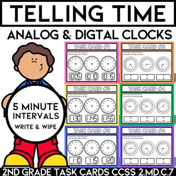 Telling Time Task Cards | 5-Minute Intervals | 2nd Grade Write & Wipe Activity