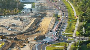 American highway road under construction. Development of roundabout traffic infrastructure. State transportation concept
