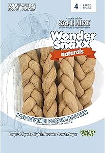 Wonder Snaxx Naturals, Peanut Butter Braid Made from Whipped Rawhide, Large, 4 Braids