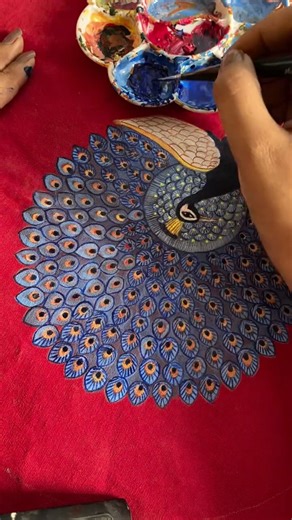 🎨 Mehr | Artist & Storyteller on Instagram: "Customised table runner for a dining table handpainted and hand stitched with Banarasi border and mirror lace . #painting #fabricpainting #homedecor #diy #handmade #handmadewithlove #pichwai #pichwaipainting #indiandecor"