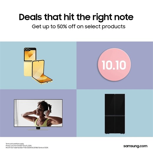 It's 10.10 time!⏲️ It's time for deals to hit the right note with Samsung!🎶 Get up to 50% off on select Galaxy devices, Wearables, smart TVs and soundbars, home appliances, and monitors! Grab exciting freebies and savings when you checkout now!🛒 Shop Now: smsng.co/1010-Main Promo runs from October 10-15, 2024. Enjoy Samsung.com Advantage: ✅ 0% interest up to 36 months installment using select credit cards ✅ Free delivery to most areas nationwide. ✅ Enhanced Mobile Trade-in | Samsung