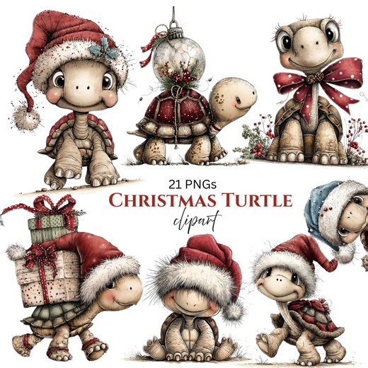 Whimsical Christmas Turtle Clipart: Cute Festive Graphics (digital Download - 21 Pngs) - Etsy