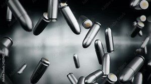 Animation falling of bullets different calibers on dark and blurred background. Animation of seamless loop. Stock Video