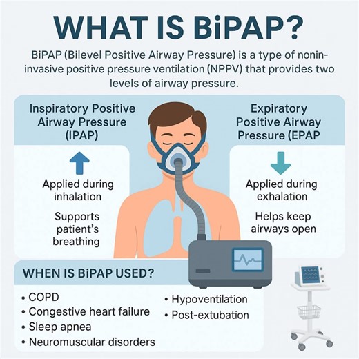 BiPAP delivers two levels of pressure (IPAP and EPAP), while CPAP provides a single continuous pressure throughout the breathing cycle. https://bit.ly/4kLKFj2 | Global Emergency Medical Technicians Registry