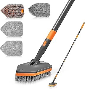 NEWE Shower Cleaner Brush, Tub Tile Scrubber with Telescopic Long Handle 56 inches, 4 Scrub Heads for Cleaning Bathroom Bathtub Floor Baseboard Sink Kitchen Toilet