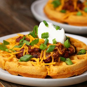 28K views · 83 reactions | A savoury take on traditional waffles! Your family will love this simple and fun meal ️ RECIPE: https://tasty.co/recipe/cornbread-waffles-with-chili | Tasty UK | Facebook