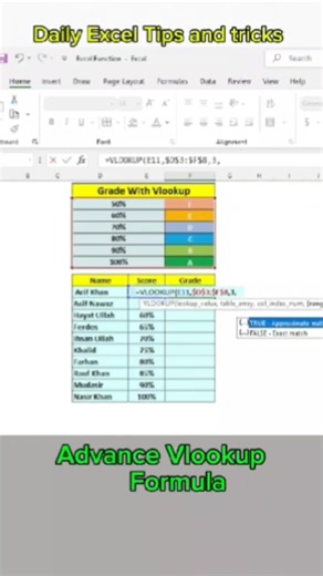 Excel Advance VLOOKUP Formula | Automatic Grade System😱✅ Excel ka Advance VLOOKUP Formula seekhein aur marks se grade automatically nikalein. Students, teachers aur office users ke liye bohot useful video. Like 👍 Share 🔁 Follow ✔️ #ExcelTips #VlookupFormula #AdvanceExcel #LearnExcel #Excel #exceltips #reels #MSExcel #VLOOKUP #formula1 #computer #reelsfbシ | Learn Computer