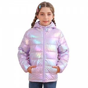 Aideaone Girls Puffer Jacket Packable Lightweight Down-Alternative Hooded Winter Coat Shiny Outerwear for Kids 4-12Years