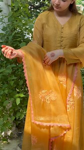 MUSTARD YELLOW | TISSUE DAGLA KURTA . Pintex done elegant tissue silk dagla on Mustard yellow shade comes with a same shaded elegant silk organza dupatta of multicoloured Chikankari. . Kurta- Ready-to-wear Dupatta- 2.75 meters . . . . . . . . #samanchikan #samanemporio #chikankari #tissuesilk #watermelonred | Saman