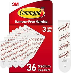 Command Medium Refill Strips, 36 Strips, Damage-Free Hanging, Reuse Medium Indoor Wall Hooks, No Tools Removable Adhesive for Home Decor