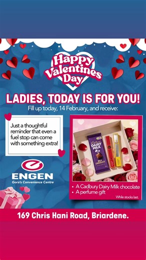 💕 Happy Valentineʼs Day, ladies! 💕 Today, weʼre celebrating you. Whether youʼre out and about, ticking off errands, or simply stopping to fill up, we wanted to make your visit a little more special ✨ Stop by Engen Goraʼs today, 14th February, and enjoy a small Valentineʼs surprise as our way of saying thank you 💝 Because even the simplest stops deserve a thoughtful touch. 📍 Engen Goraʼs Convenience Centre 169 Chris Hani Road, Briardene, Durban North 🎁 While stocks last #happyvalentinesday #