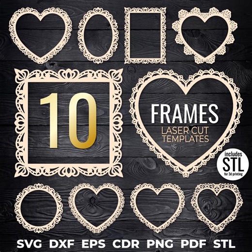 Frames Laser Cut SVG, 10 Romantic Frames, Heart Oval Square Frames Cricut, Wedding Decor 3d Print STL, DXF Cdr Pdf Png Eps Files. - Etsy