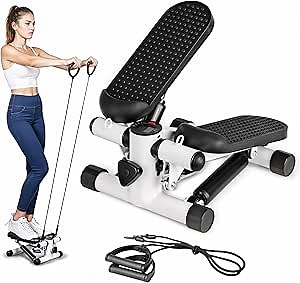 YSSOA Mini Stepper with Resistance Band, Stair Stepping Fitness Exercise Home Workout Equipment for Full Body Workout, White