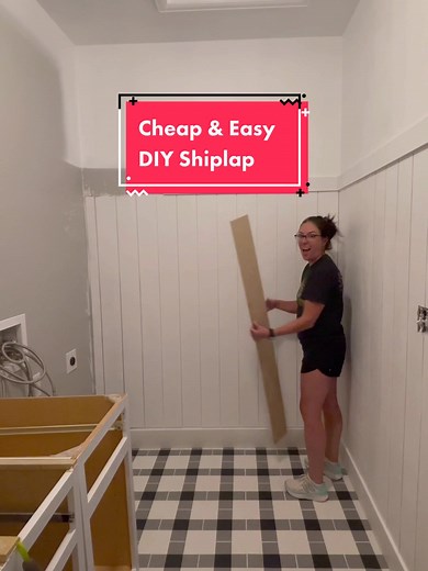 Looking to transform boring walls? This is a great beginner DIY project - see IG for materials/tools list and cost! #beginnerdiy #diyshiplap #shiplapwall #easydiy #laundryroommakeover @homedepot @behr @wagnerspraytech @ryobitoolsusa