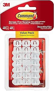 Command Decorating Clips, 40 Clips and 48 Command Strips, Damage-Free Hanging Light Clips with Adhesive Strips, No Tools Small Wall Clips for Hanging Lights and Cables