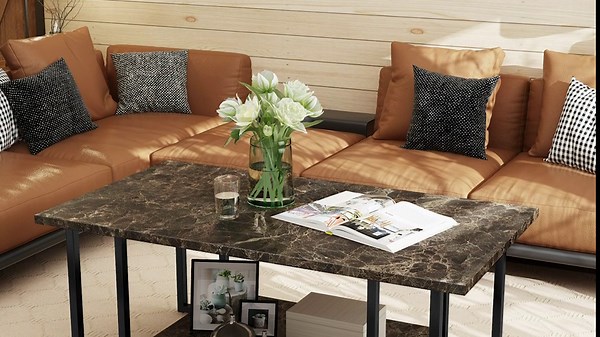 Rectangle White and Black Coffee Tables for Living Room, Modern Faux Marble Coffee Table with Black Metal Frame, Coffee Tables for Living Room with StorageOpen Storage Shelf