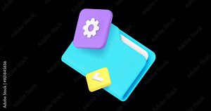 Document folder archive management data storage settings with 3d icon animation loop with alpha channel. Database information library catalog organization paperwork directory search