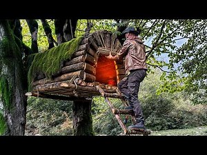 Hanging Treehouse Shelter – Built Only from Logs & Rope