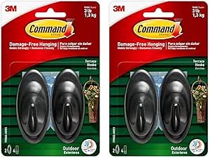 Command Hooks, Black, 3 lb Capacity | Outdoor | Water-Resistant Strips | 2-Hooks 4-Strips | Damage-Free