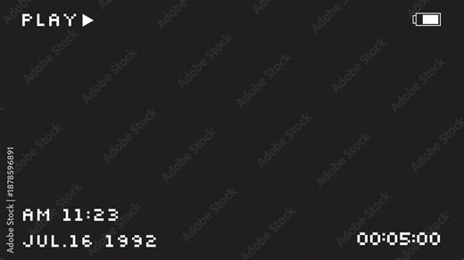 VHS tape playing camcorder overlay with time, date, and play buttons. Suitable for retro video intros, nostalgic themed projects, and digital displays.