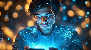 Digital Immersion: A man absorbed in a holographic display. The image suggests a world of innovation and digital transformation.