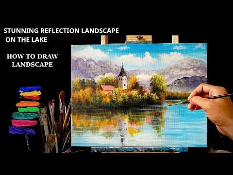 How to draw landscape ( Stunning Reflection Landscape on the Lake )